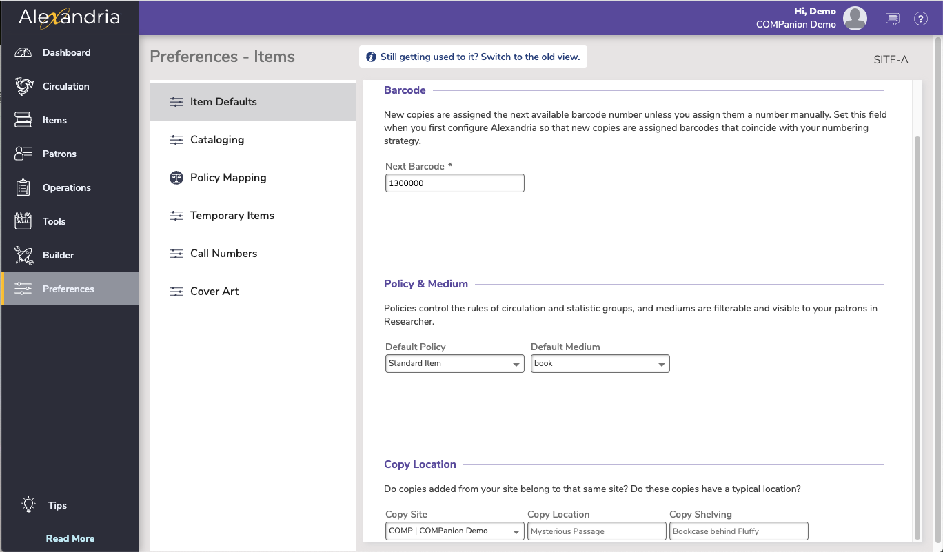 Items Preferences – Alexandria™