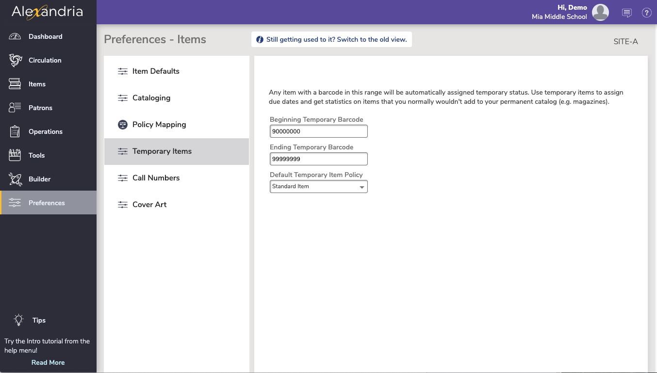 Items Preferences – Alexandria™