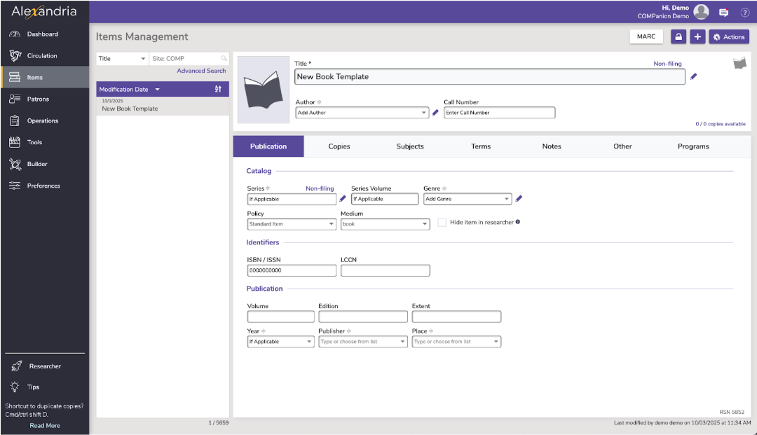 Create a MARC record template – Alexandria™